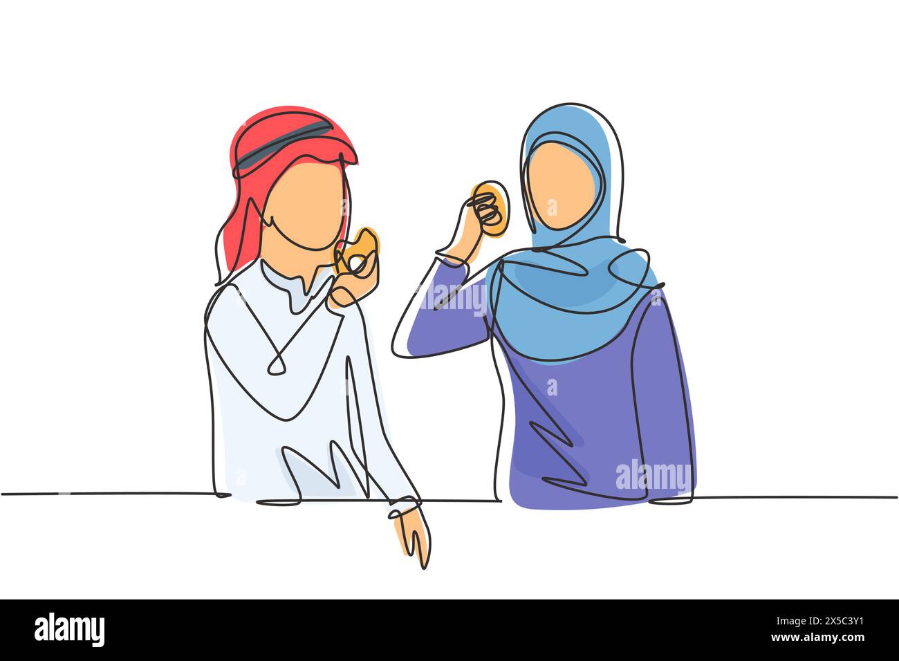 Single continuous line drawing young Arab couple having donuts meal at ...