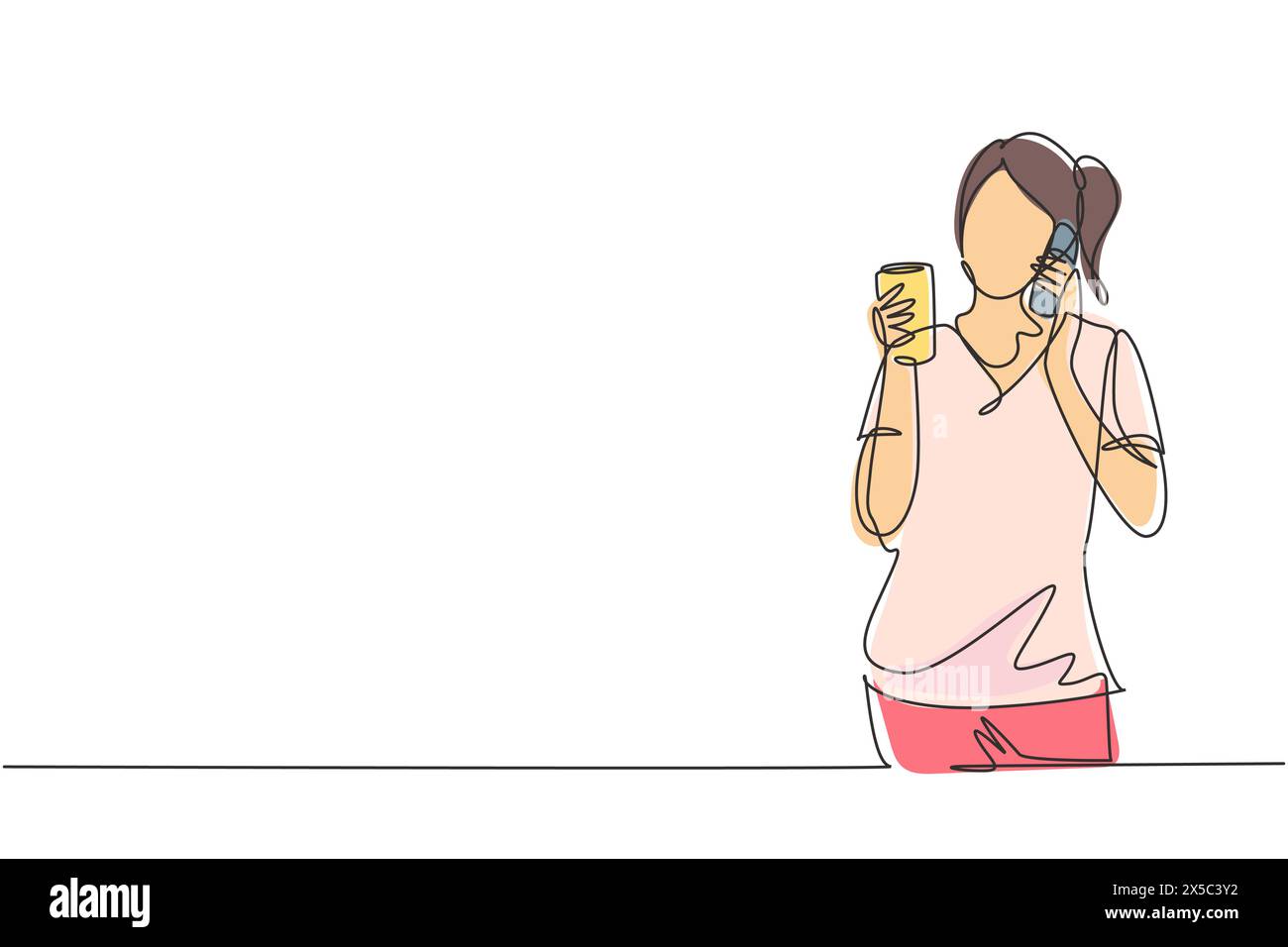 Single one line drawing young beautiful woman drinking orange juice ...