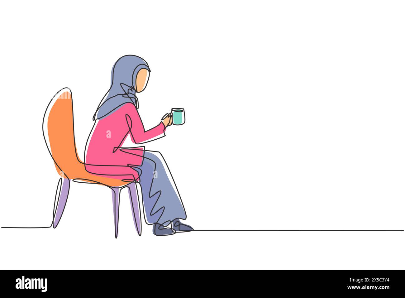 Single continuous line drawing young Arabian girl sitting in modern ...