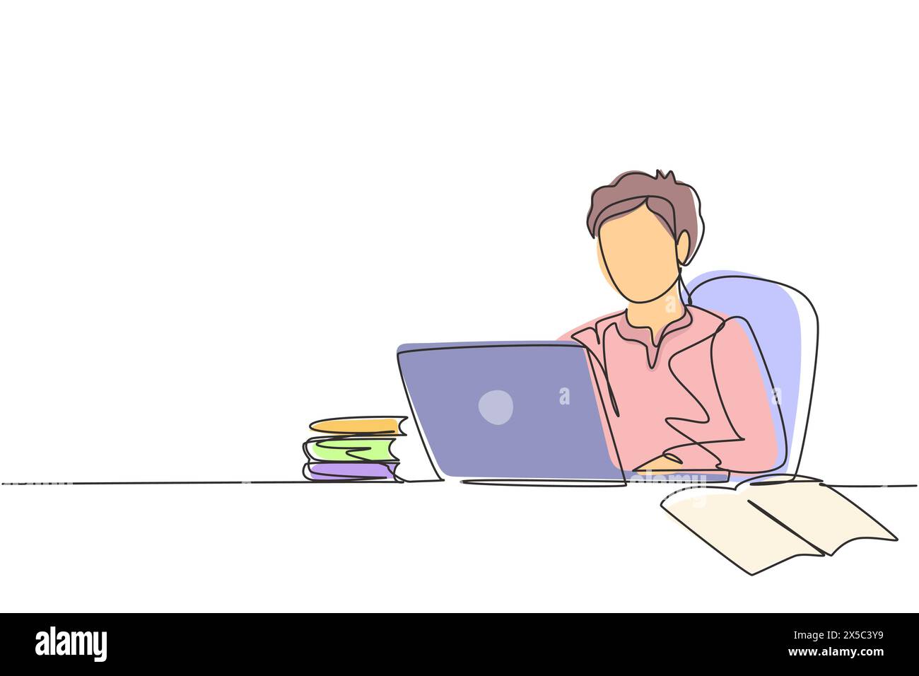 Continuous one line drawing young Arabian boy studying with laptop and ...