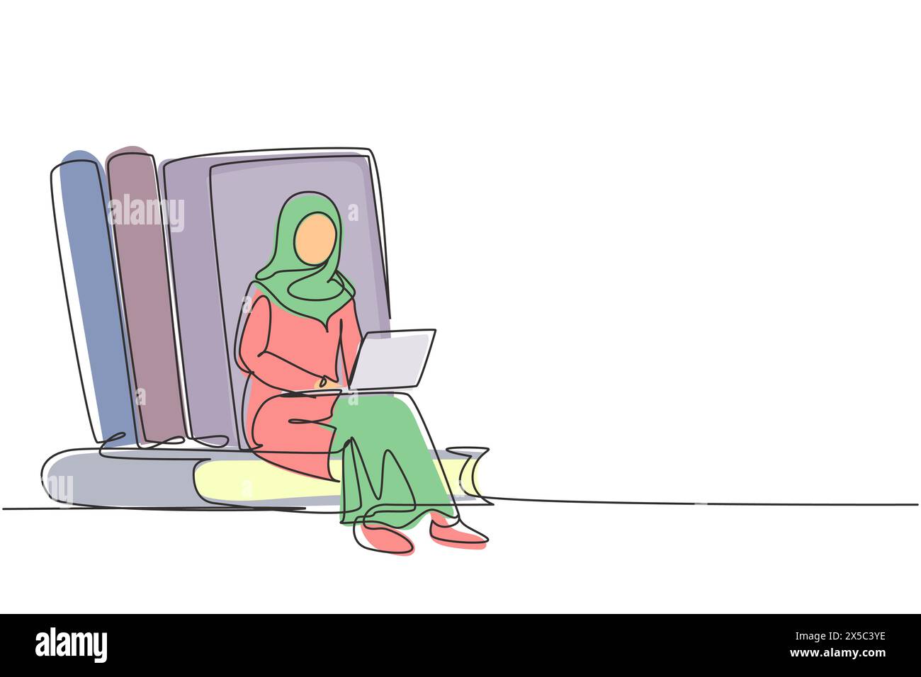 Single continuous line drawing Arabian woman studying with laptop and ...