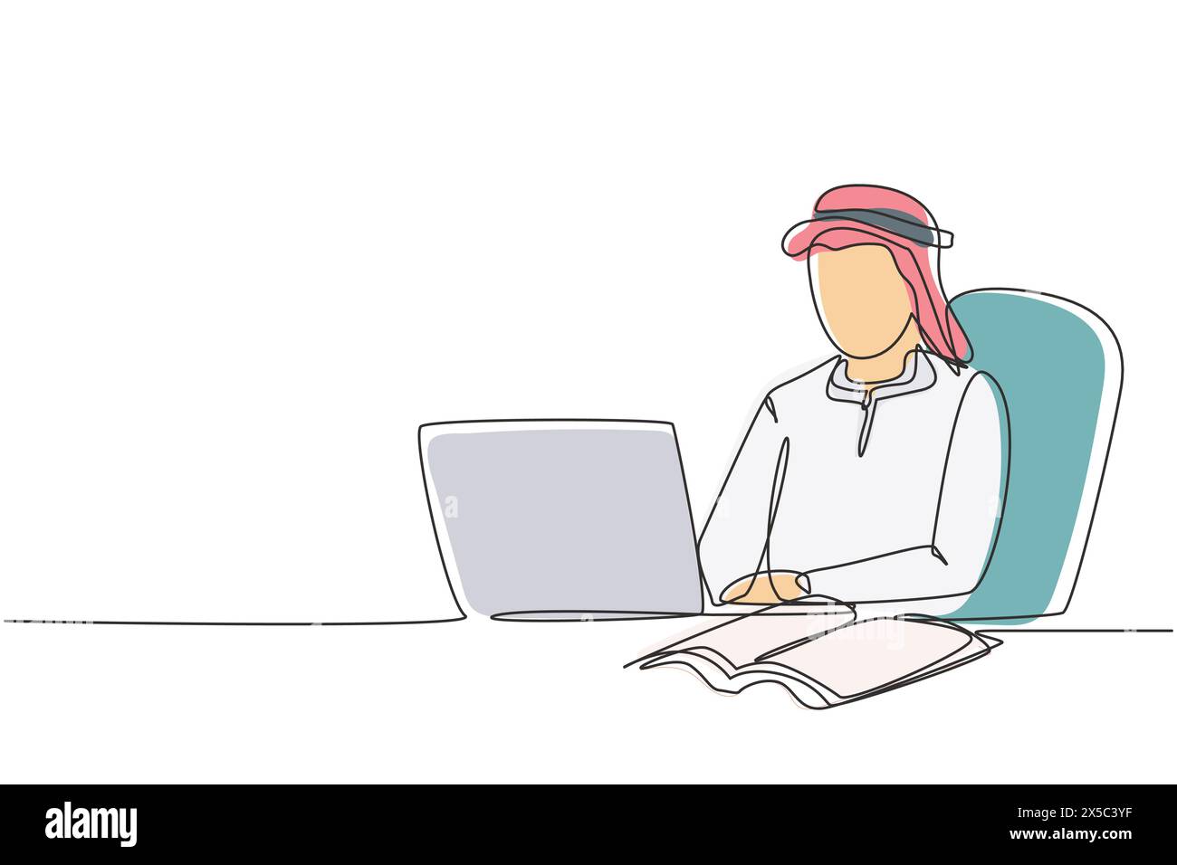 Single one line drawing Arabian man studying with laptop and open book ...
