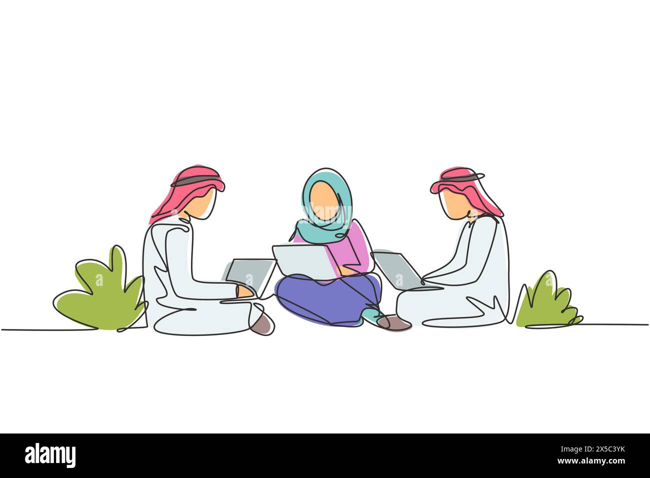 Single continuous line drawing three Arabian students studying with ...