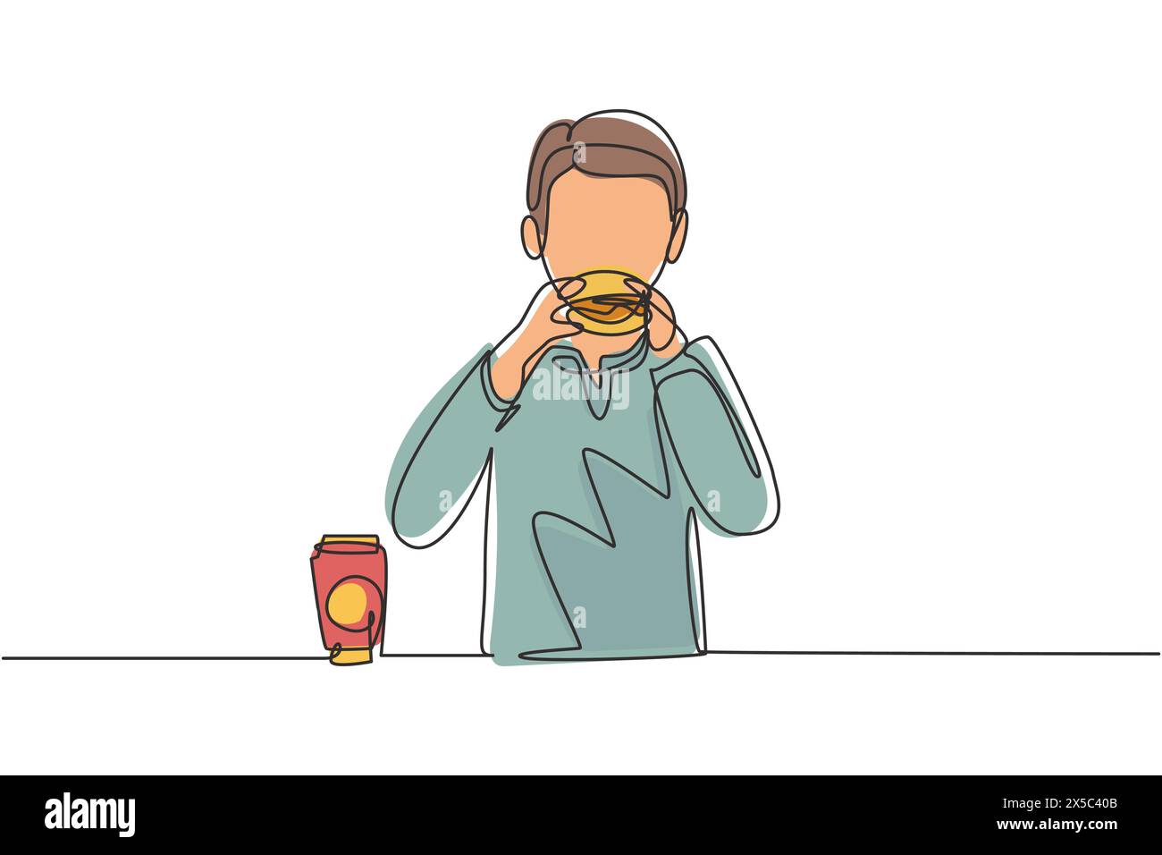 Single continuous line drawing Arabian boy having hamburger meal with ...