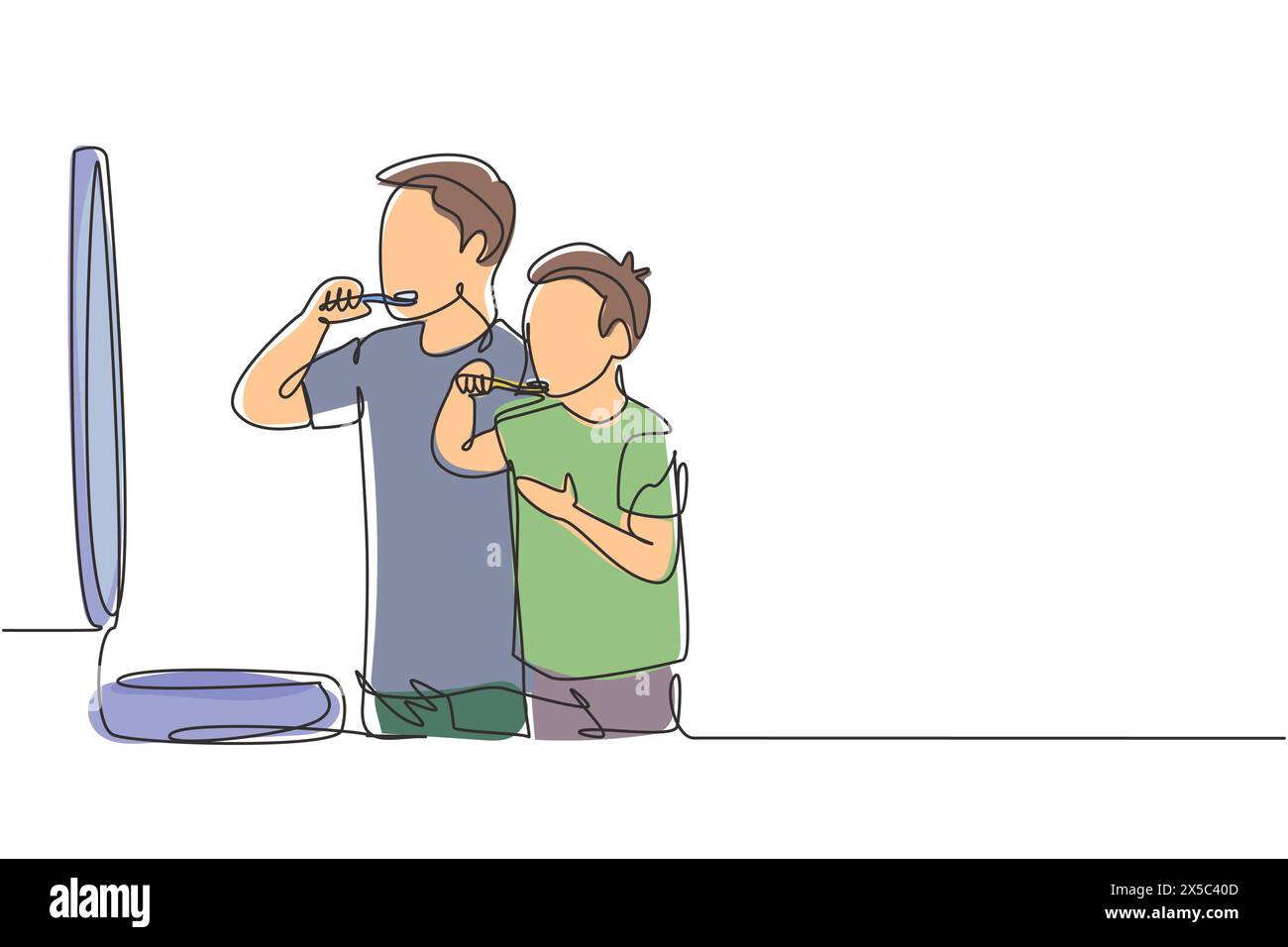 Single one line drawing smiling father and son holding toothbrushes and ...