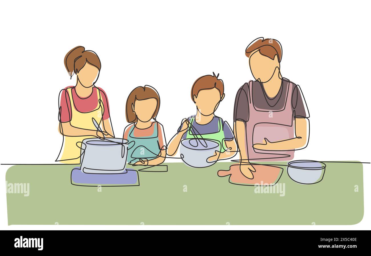 Continuous one line drawing happy family mom, dad, little daughter and ...