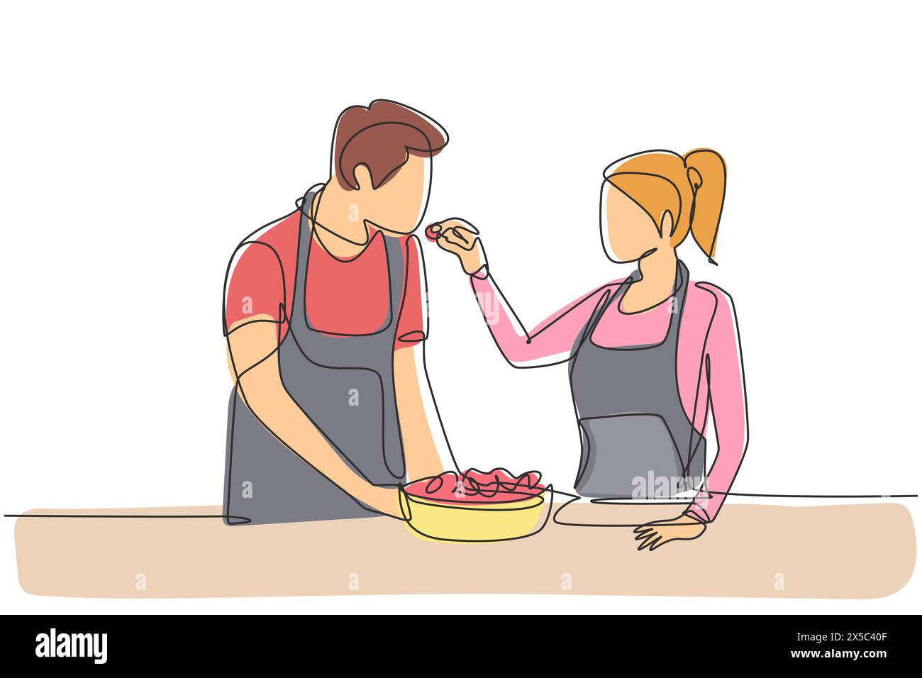 Continuous one line drawing beautiful wife feeds her husband food and ...