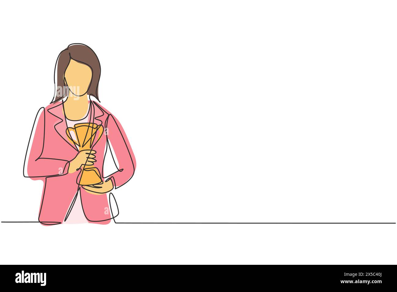 Continuous one line drawing young businesswoman wearing blazer holding ...