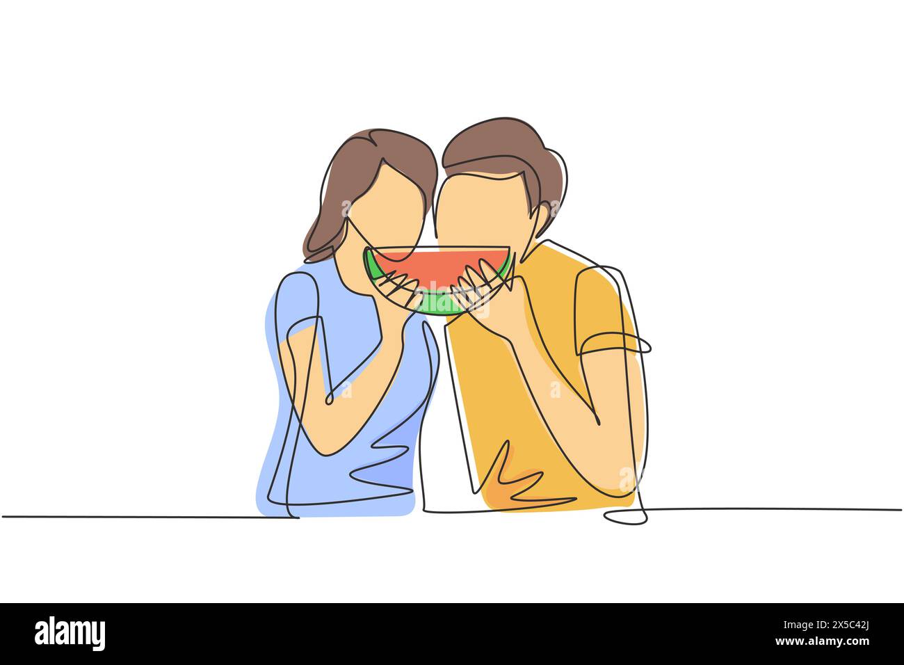 Continuous one line drawing young beautiful couple sharing watermelon ...