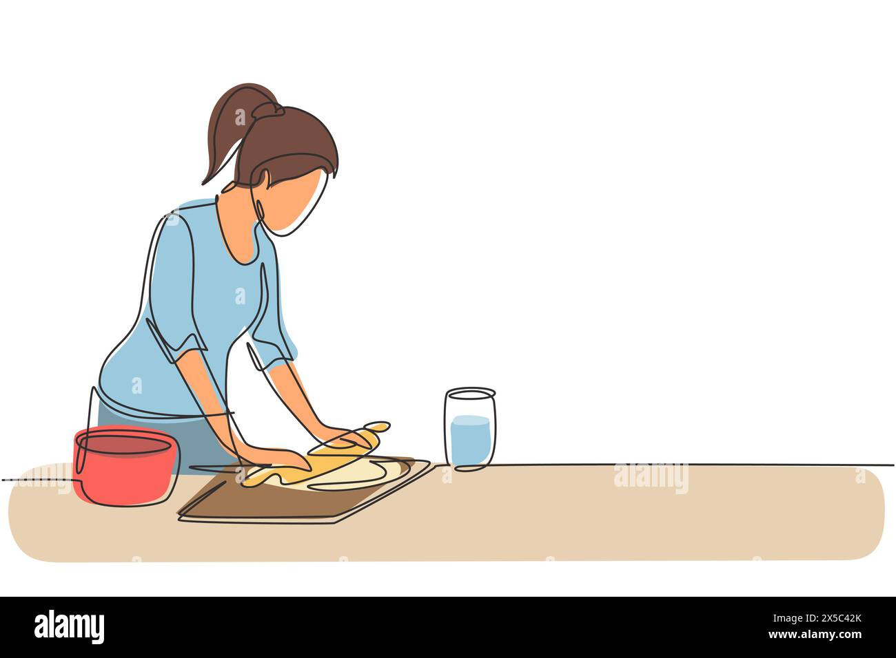 Single one line drawing young woman making cookie dough using rolling ...