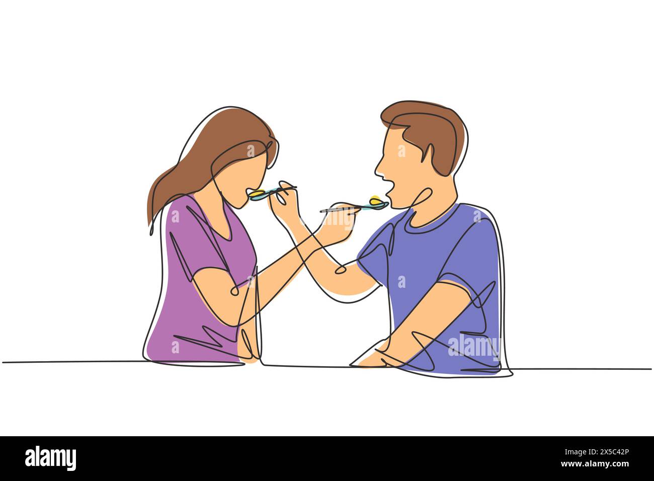 Continuous one line drawing romantic young couple feeding each other ...