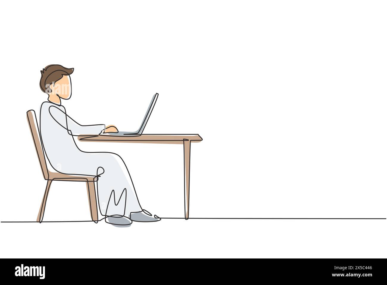 Single one line drawing Arabian boy with laptop sitting on chair around ...