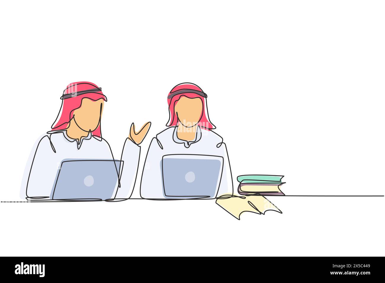 Continuous one line drawing two young Arabian man studying with laptop ...