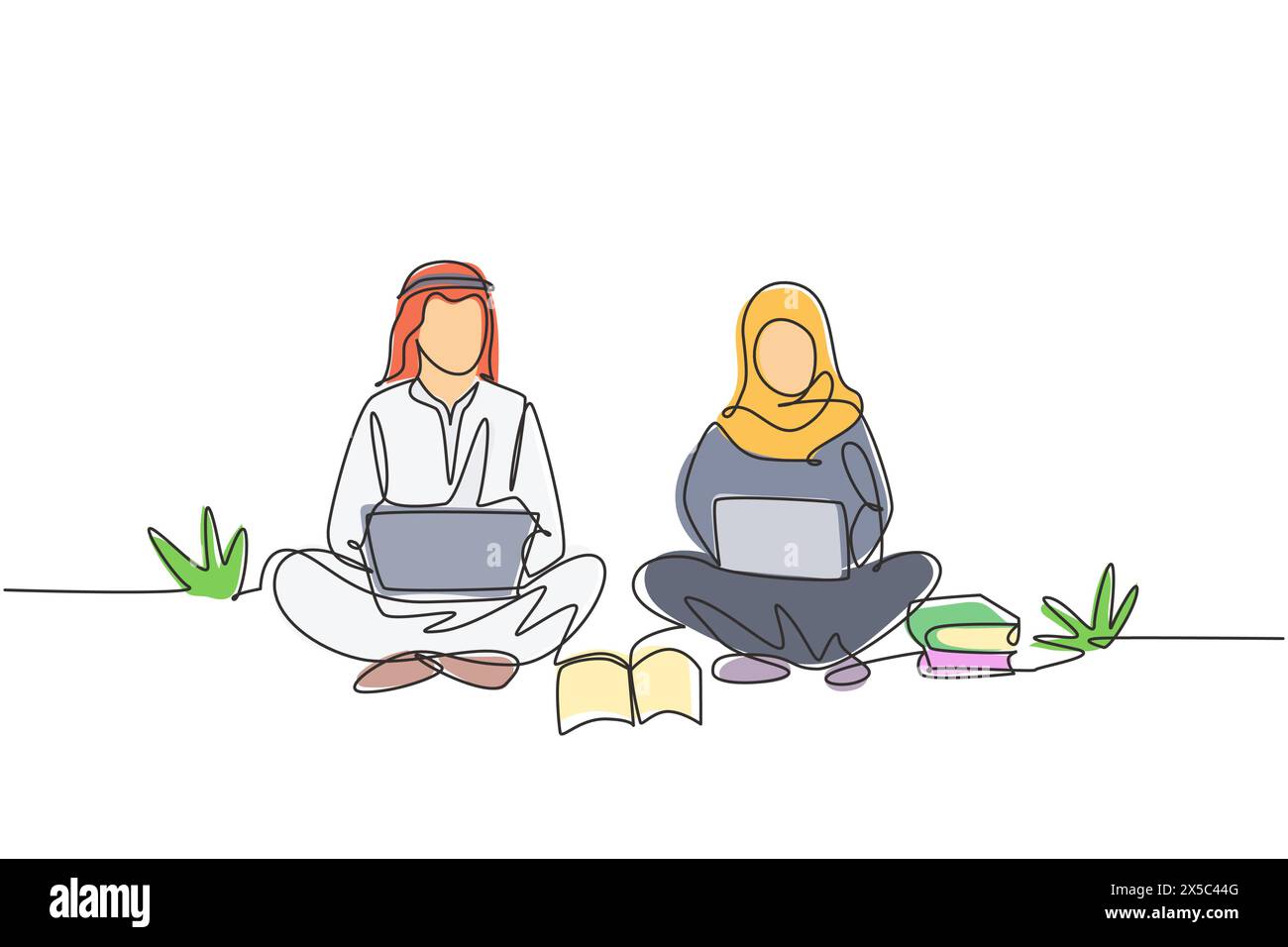 Continuous one line drawing Arabian couple with laptop sitting at the ...