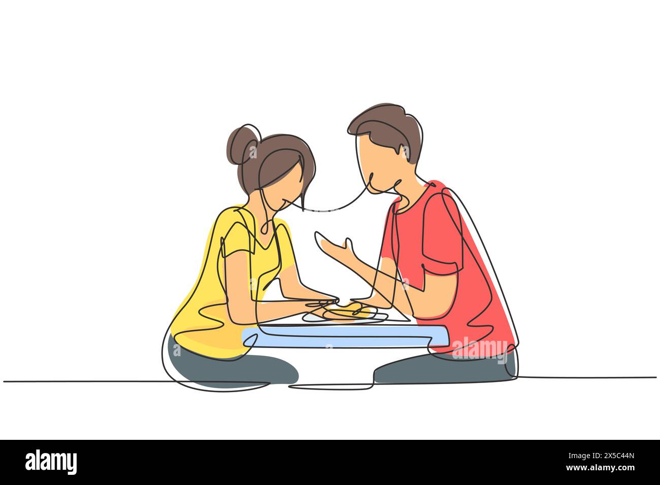 Single one line drawing young couple eating spaghetti together ...