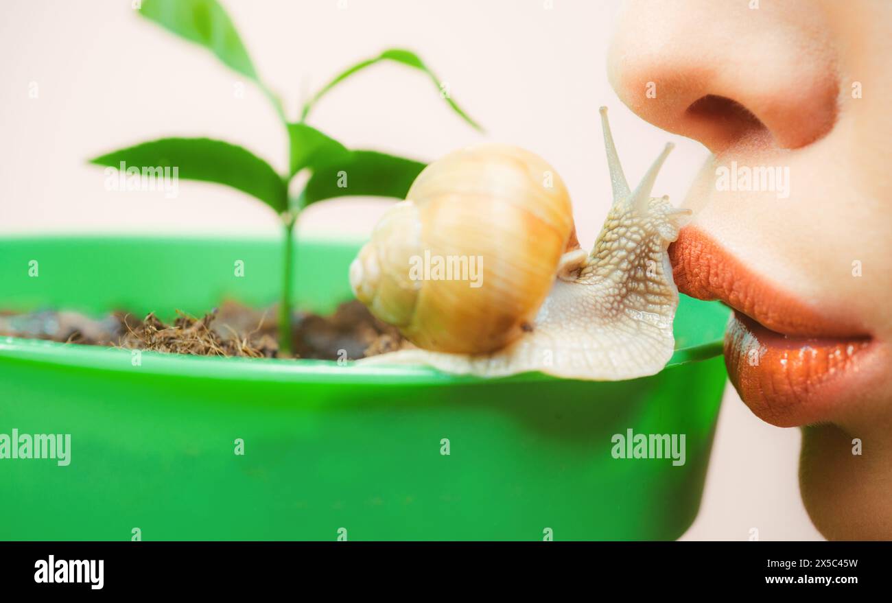 Healing mucus. Having fun with adorable snail. Spa and wellness ...