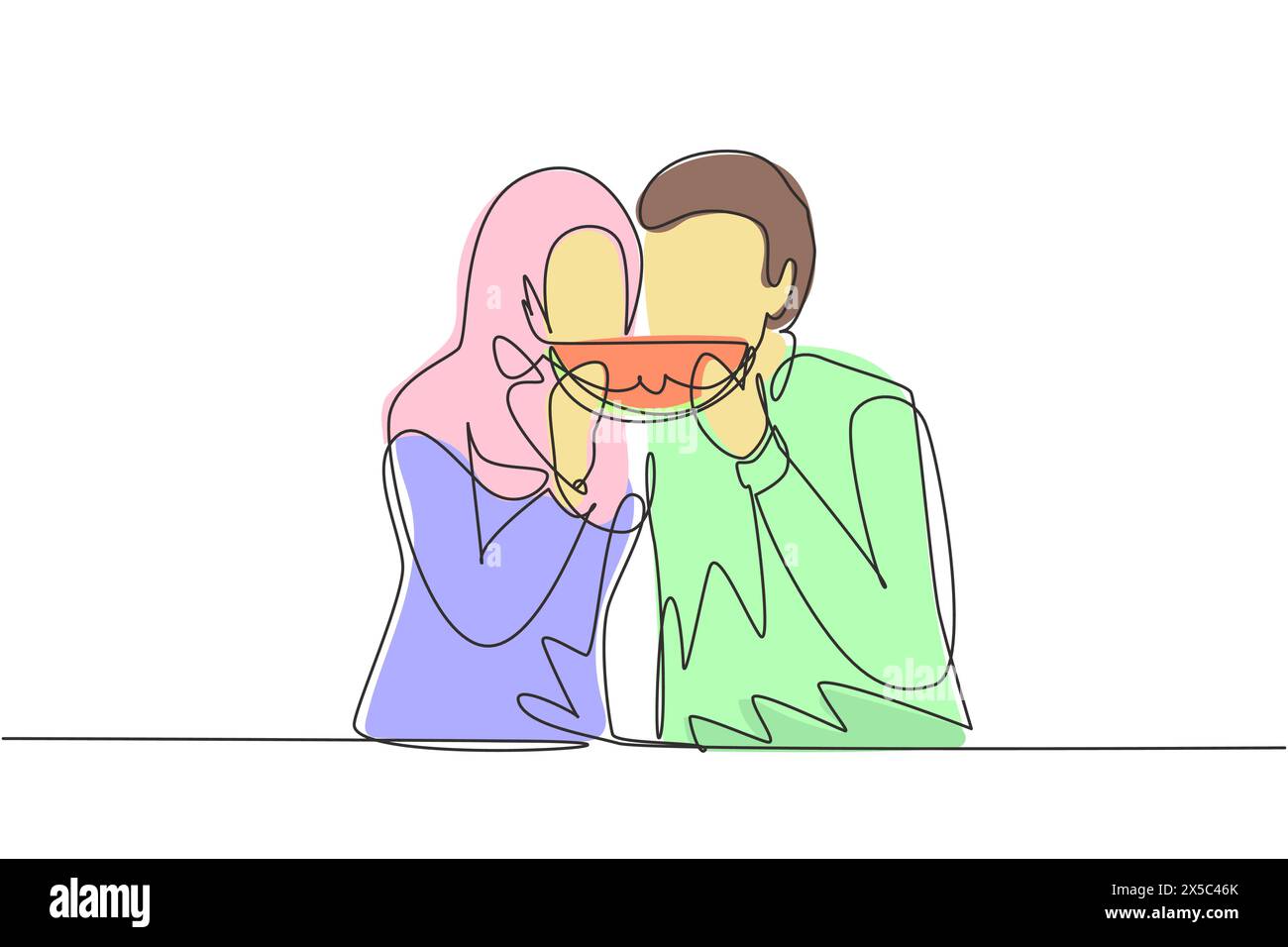 Continuous one line drawing young Arabian couple sharing watermelon ...