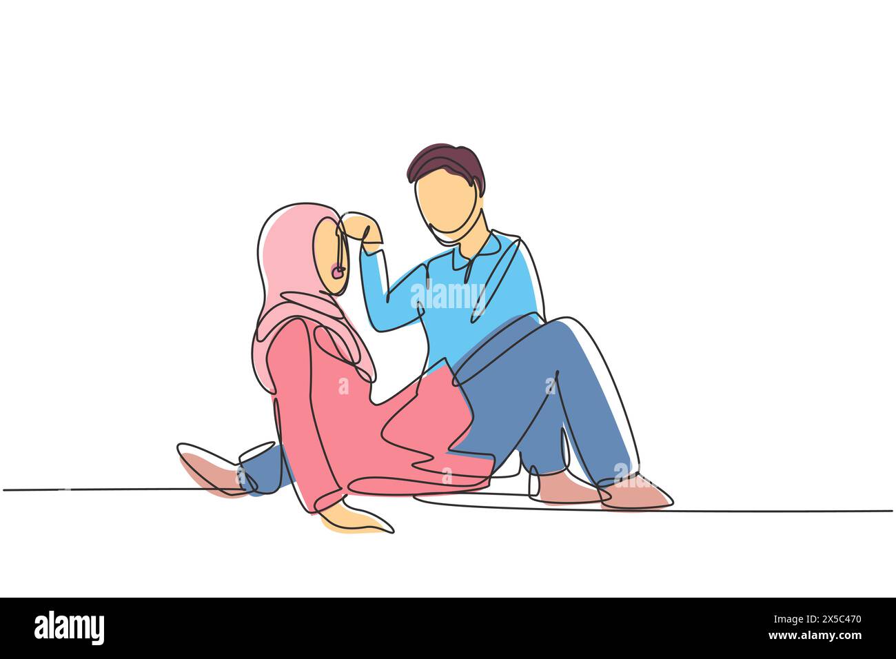 Single Continuous Line Drawing Romantic Arabian Couple Having Picnic In