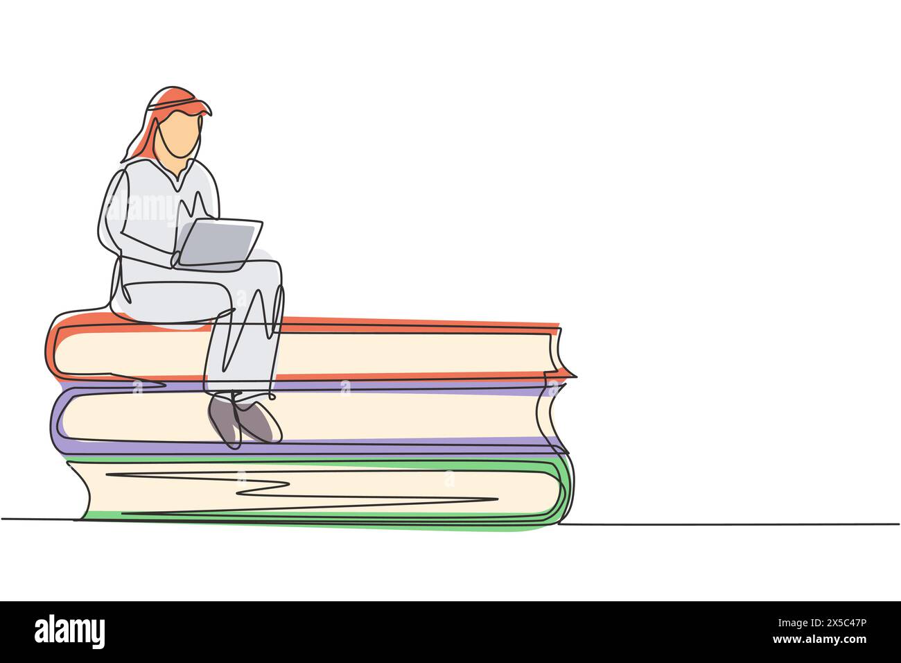 Continuous one line drawing Arab male studying with laptop and sitting ...