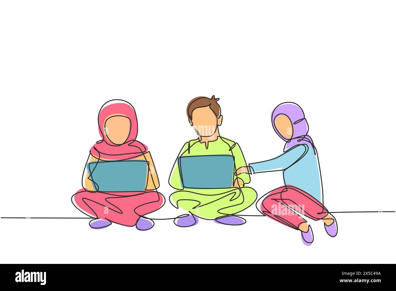 Single continuous line drawing three Arabian students studying with ...