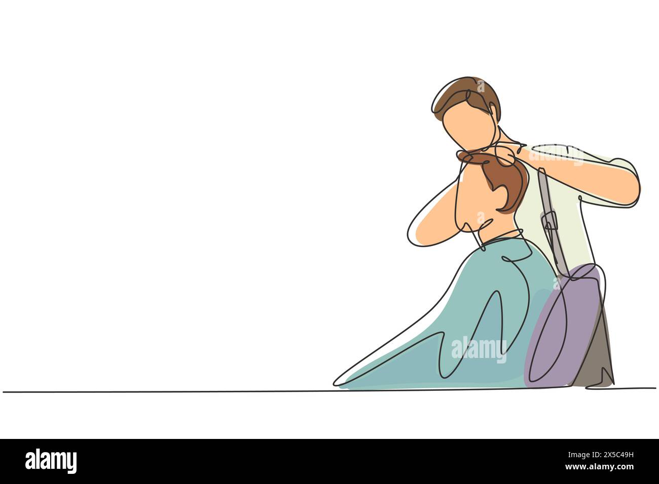 Single continuous line drawing young handsome barber making haircut of ...