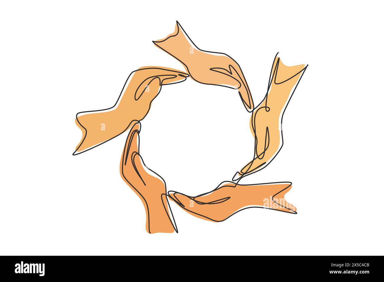 Single continuous line drawing circle made of human hands. Sign or ...