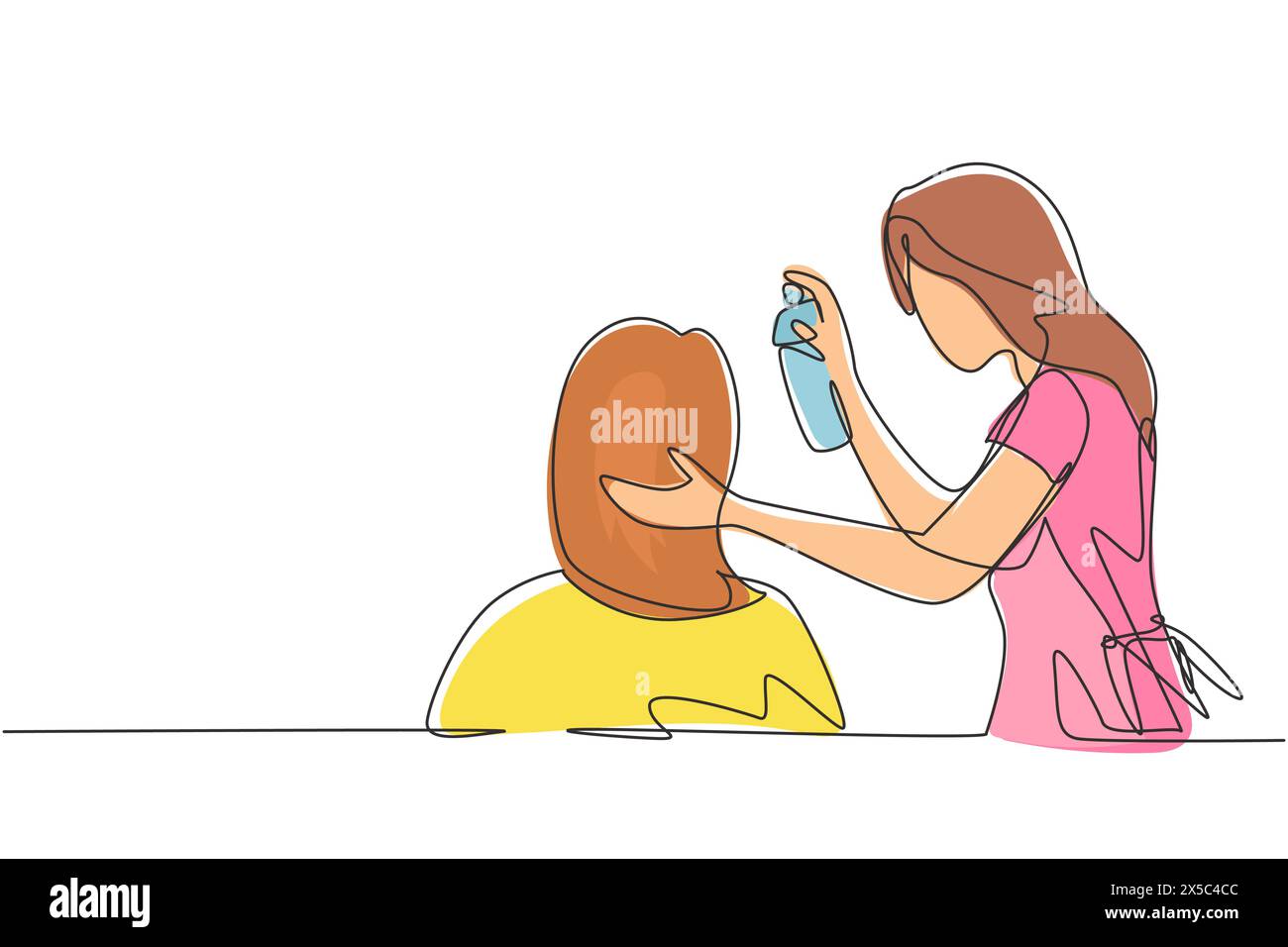 Continuous one line drawing female hairdresser styling customers hair ...