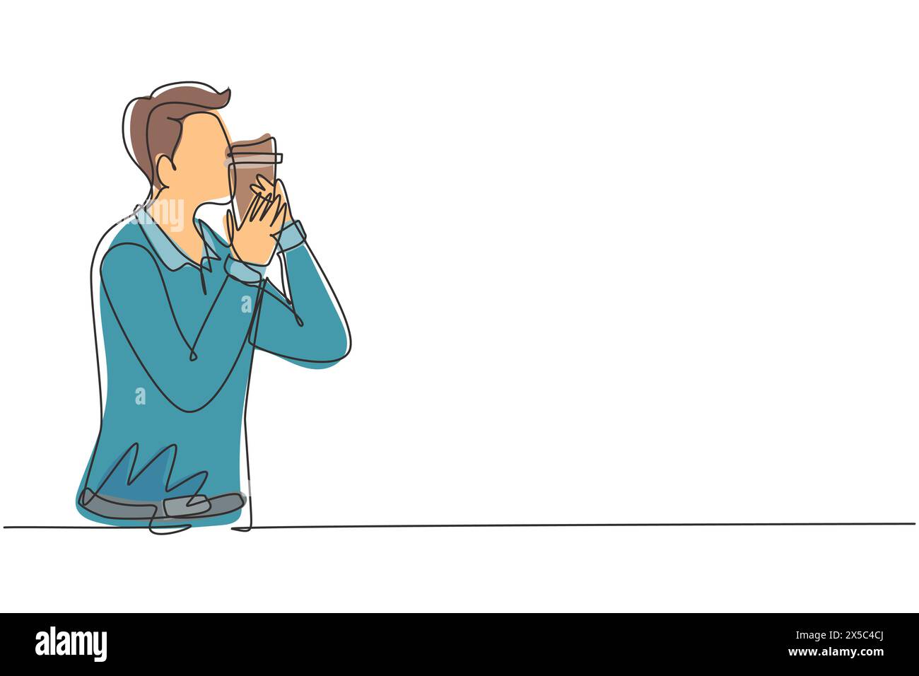 Single continuous line drawing handsome man kissing disposable coffee ...