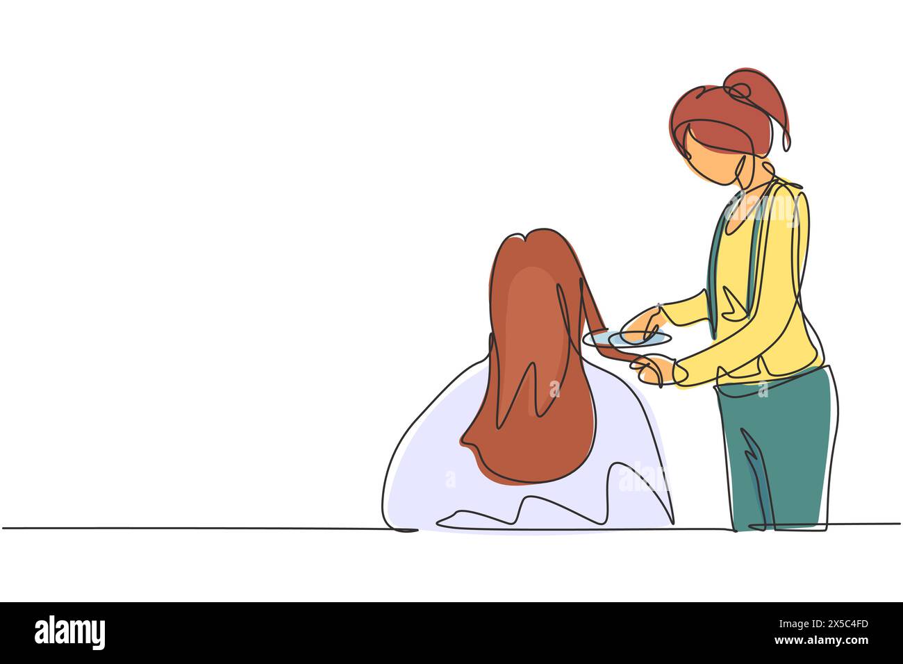 Single one line drawing model sitting while hairstyling in beauty salon ...