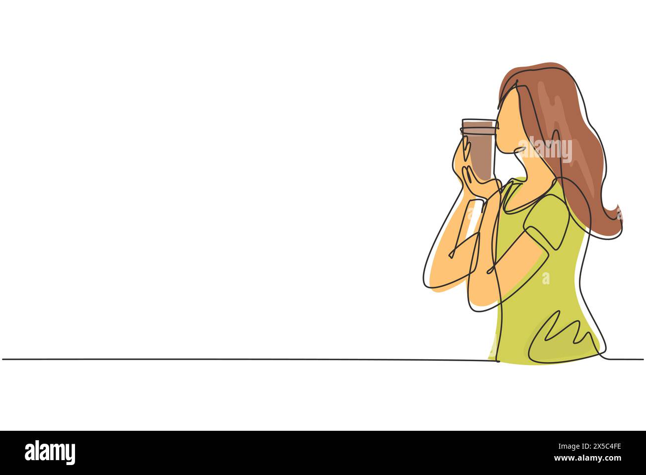 Continuous one line drawing cheerful girl kissing disposable coffee cup ...