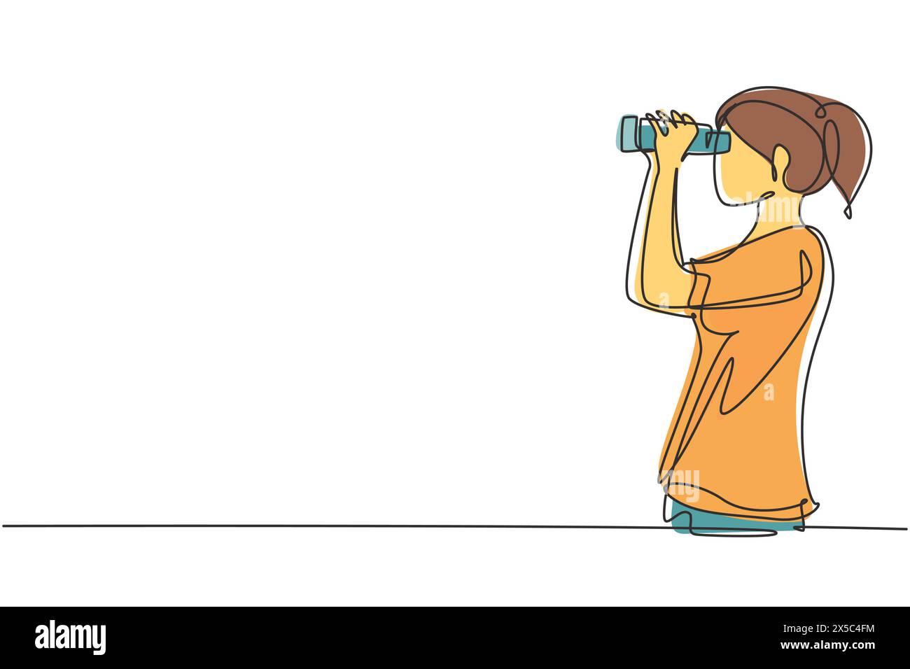 Single continuous line drawing girl looking in distance with binoculars ...