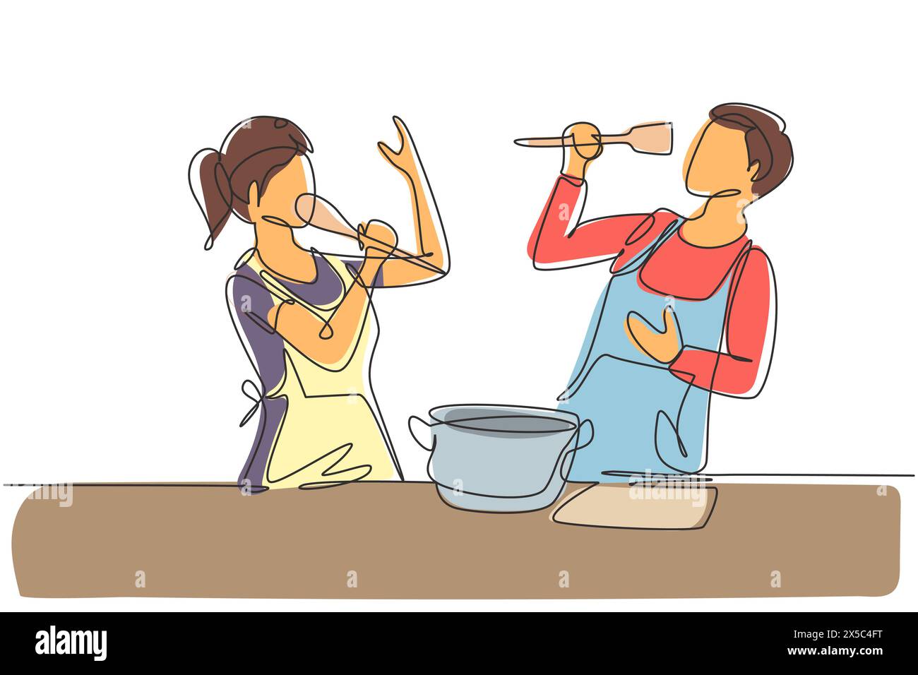 Continuous one line drawing happy romantic couple singing while cooking ...