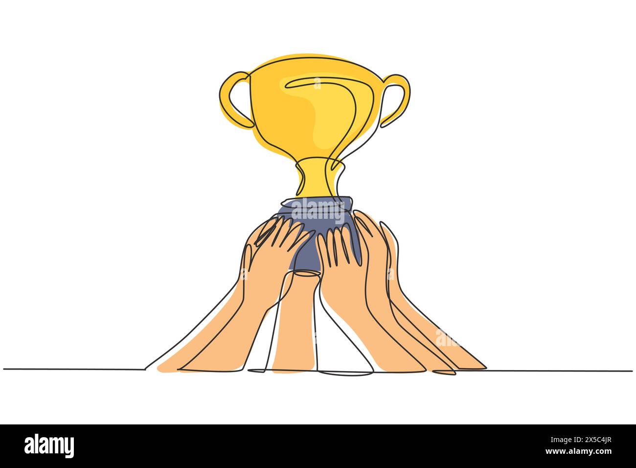 Continuous one line drawing golden trophy held by many hands. Symbol of ...
