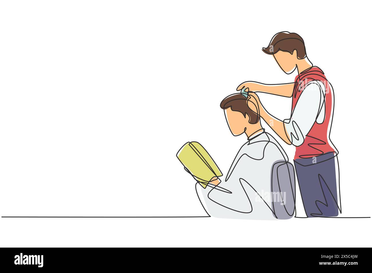 Single continuous line drawing barber shop client, which is getting his ...