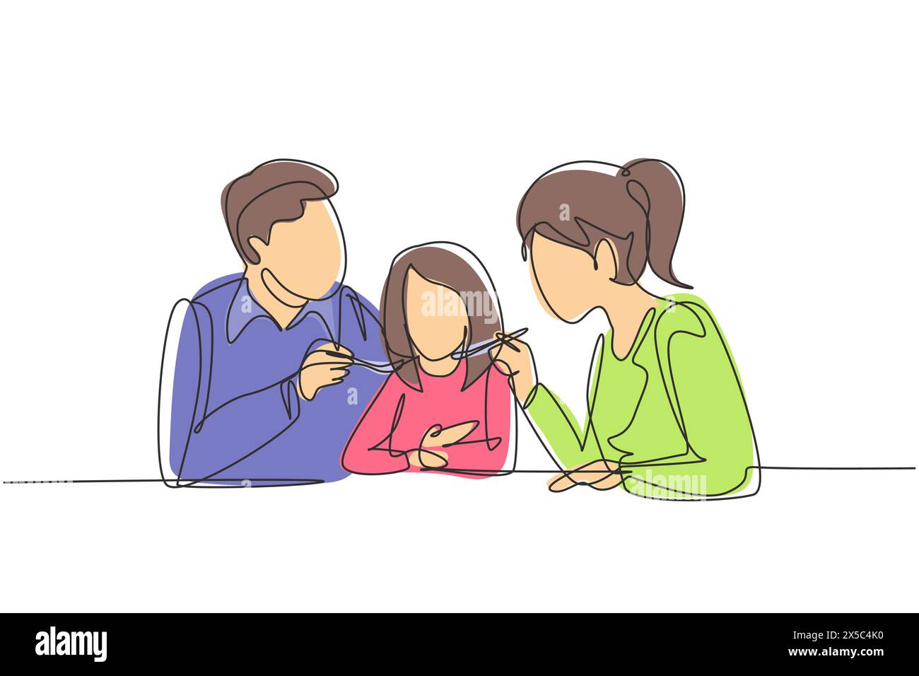 Continuous one line drawing young family having fun together in ...