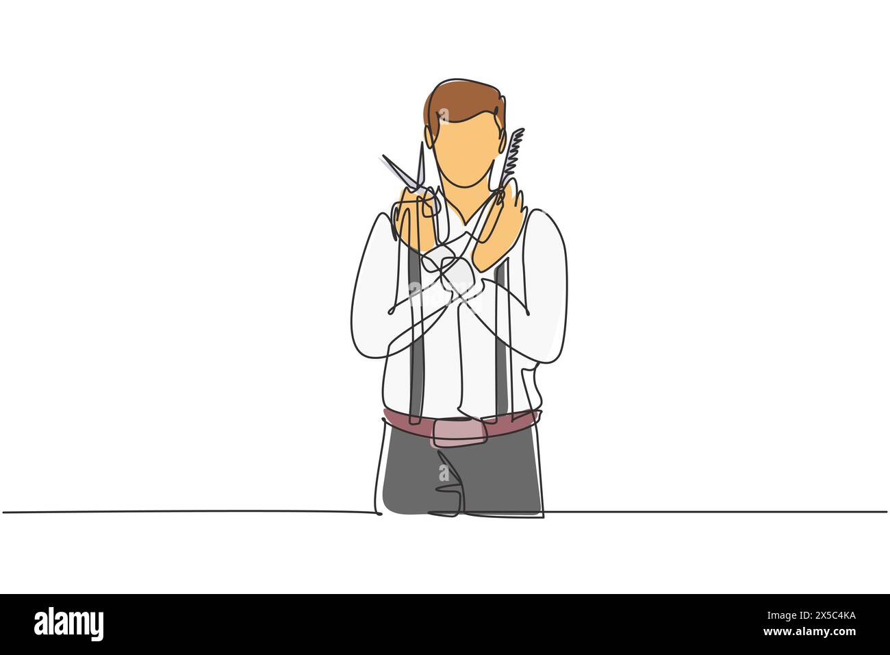 Single one line drawing barber scissors and straight razor. Vintage ...