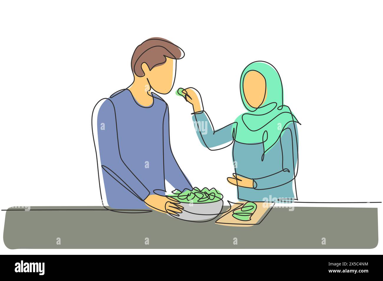 Single continuous line drawing beautiful Arab wife feeds her husband ...