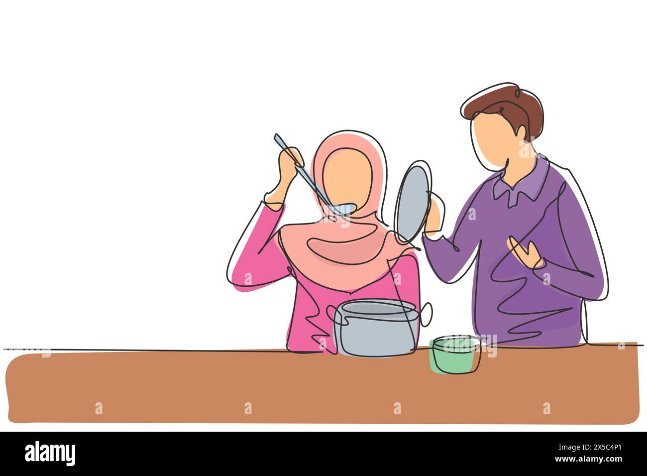 Continuous one line drawing Arabian husband holding pan lid and his ...