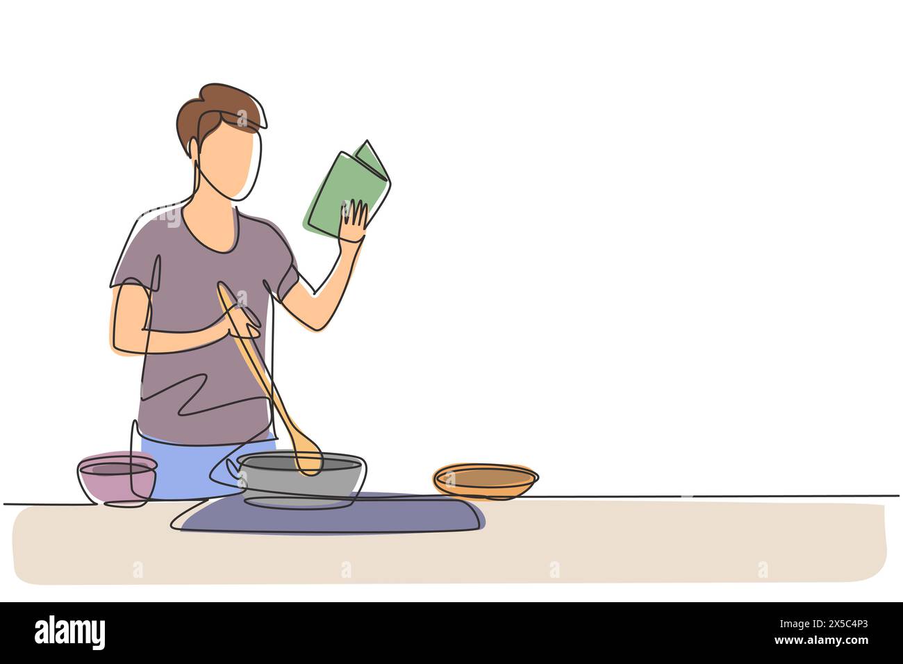 Single continuous line drawing young man cooking while reading book she ...