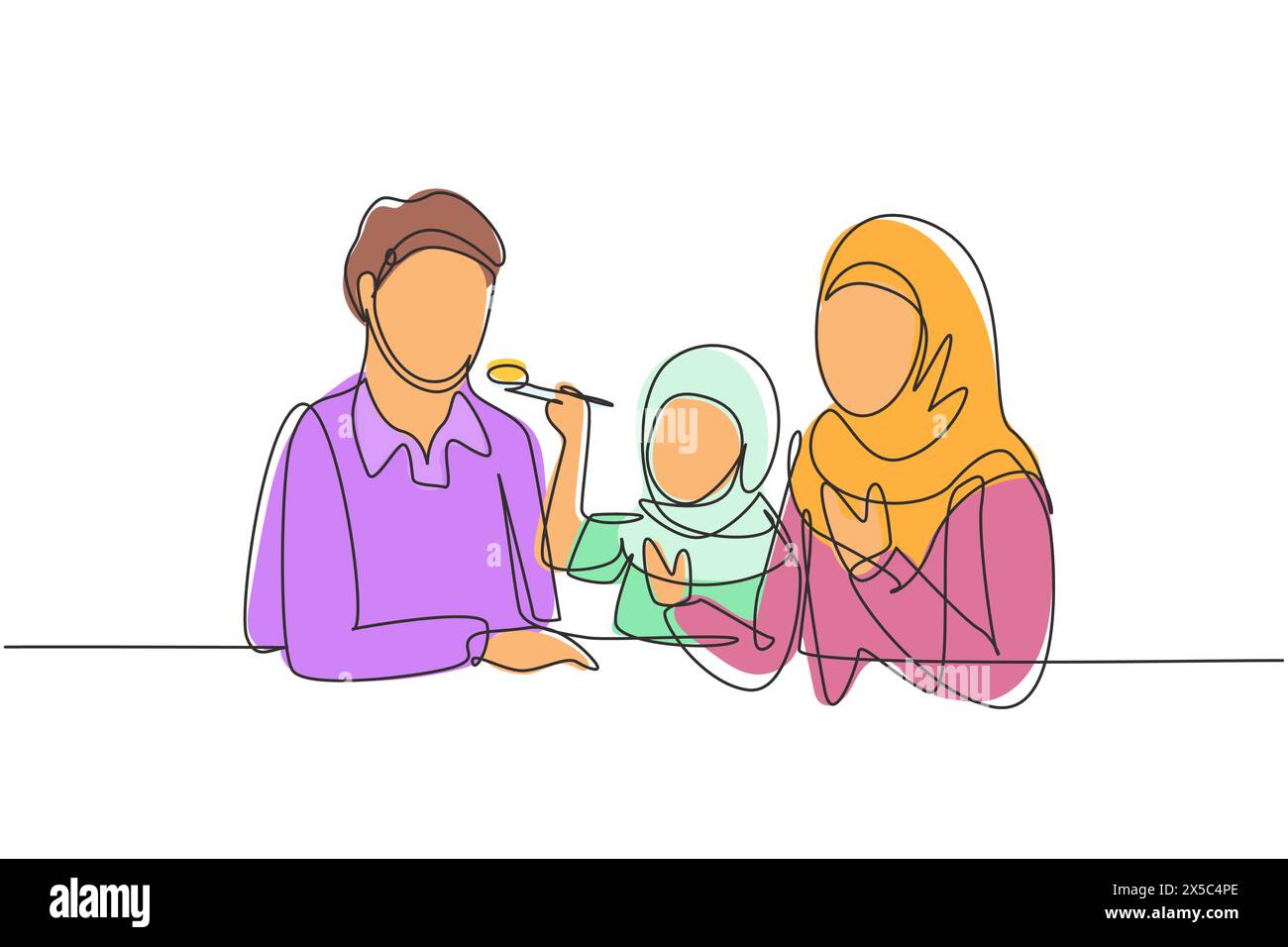 Continuous one line drawing Arab family having fun together in modern ...