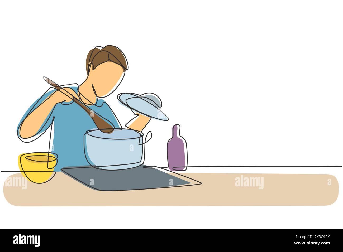 Single one line drawing handsome husband enjoying smell of cooking from ...