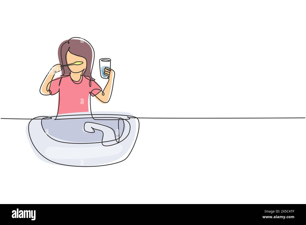 Single continuous line drawing girl brushing her teeth in sink. Routine ...