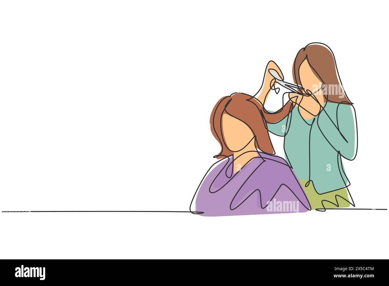 Single one line drawing pretty brunette working as hairdresser and ...