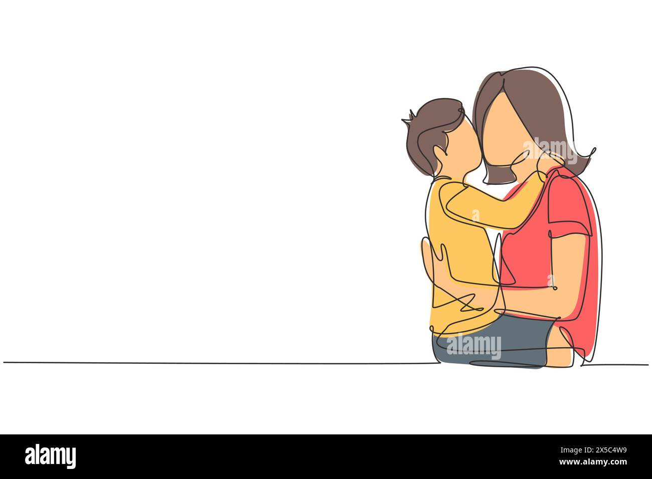 Continuous one line drawing sweet little boy is hugging and kissing his ...