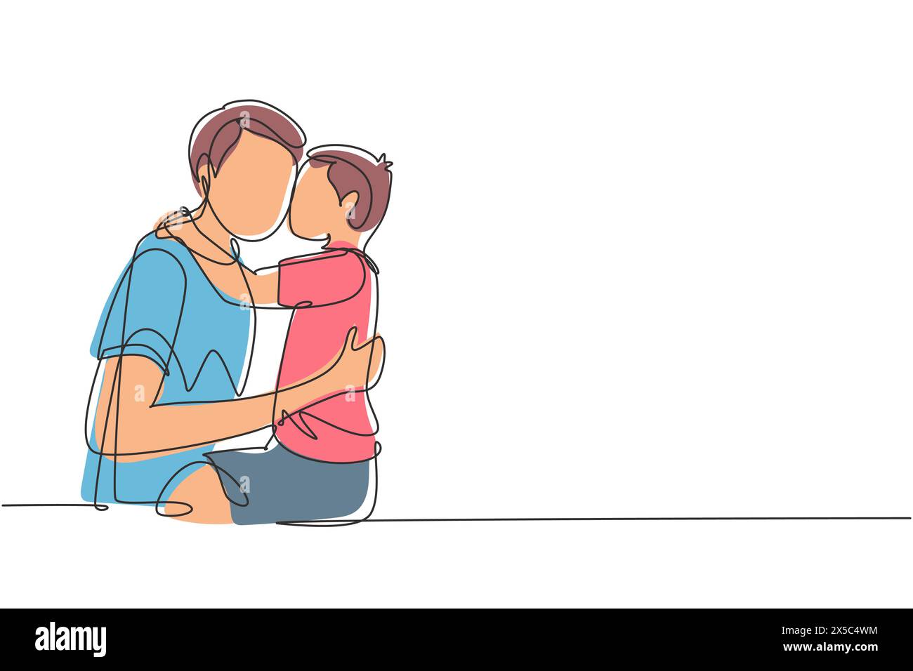 Single one line drawing sweet little boy is hugging and kissing his ...