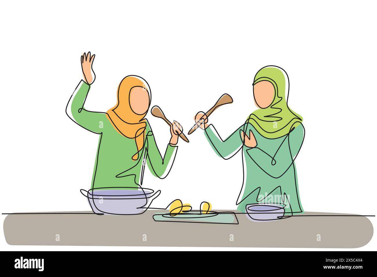 Single continuous line drawing two Arabian friends cook together and ...