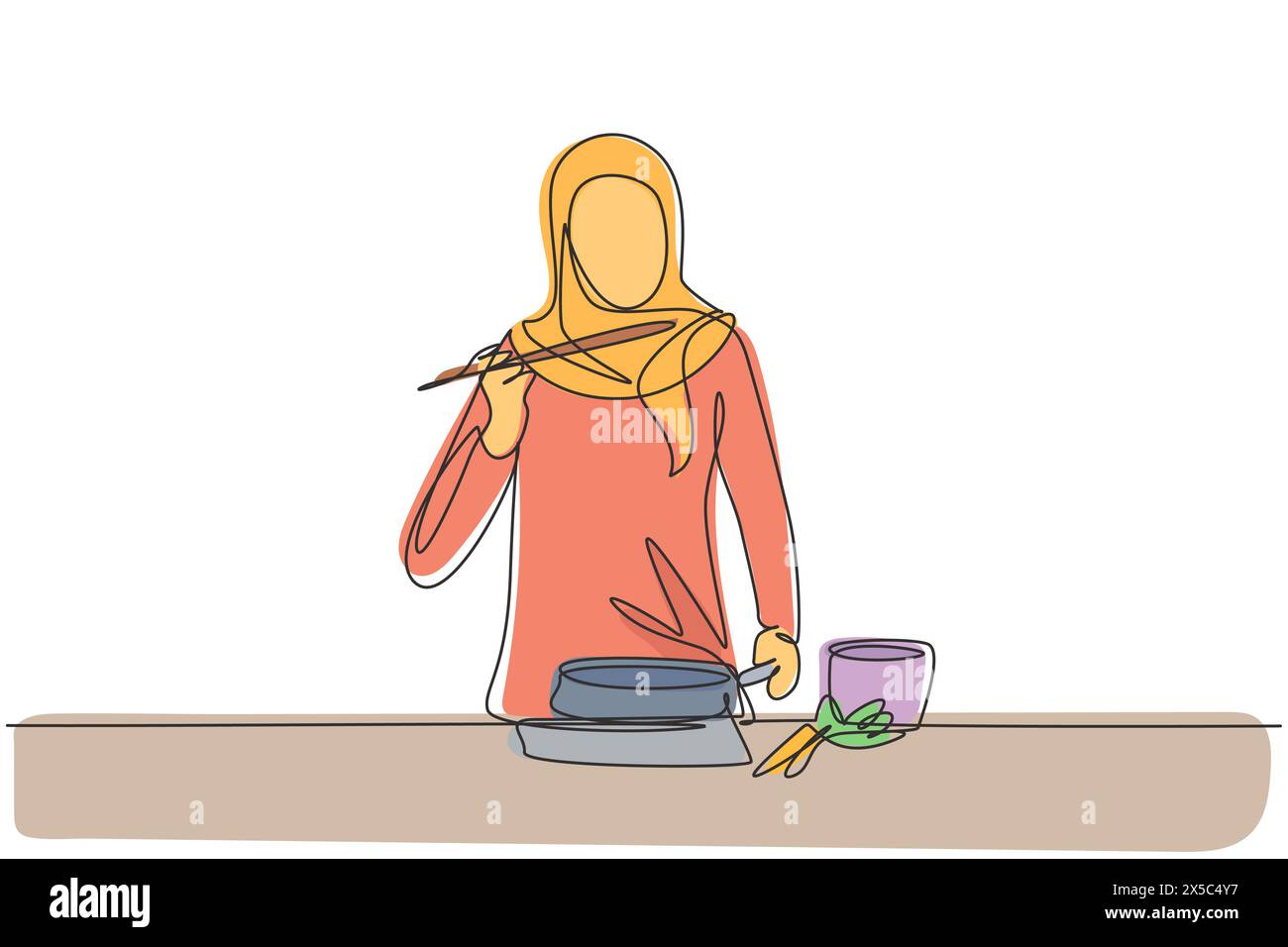 Single continuous line drawing Arabian woman mixing tomato sauce ...