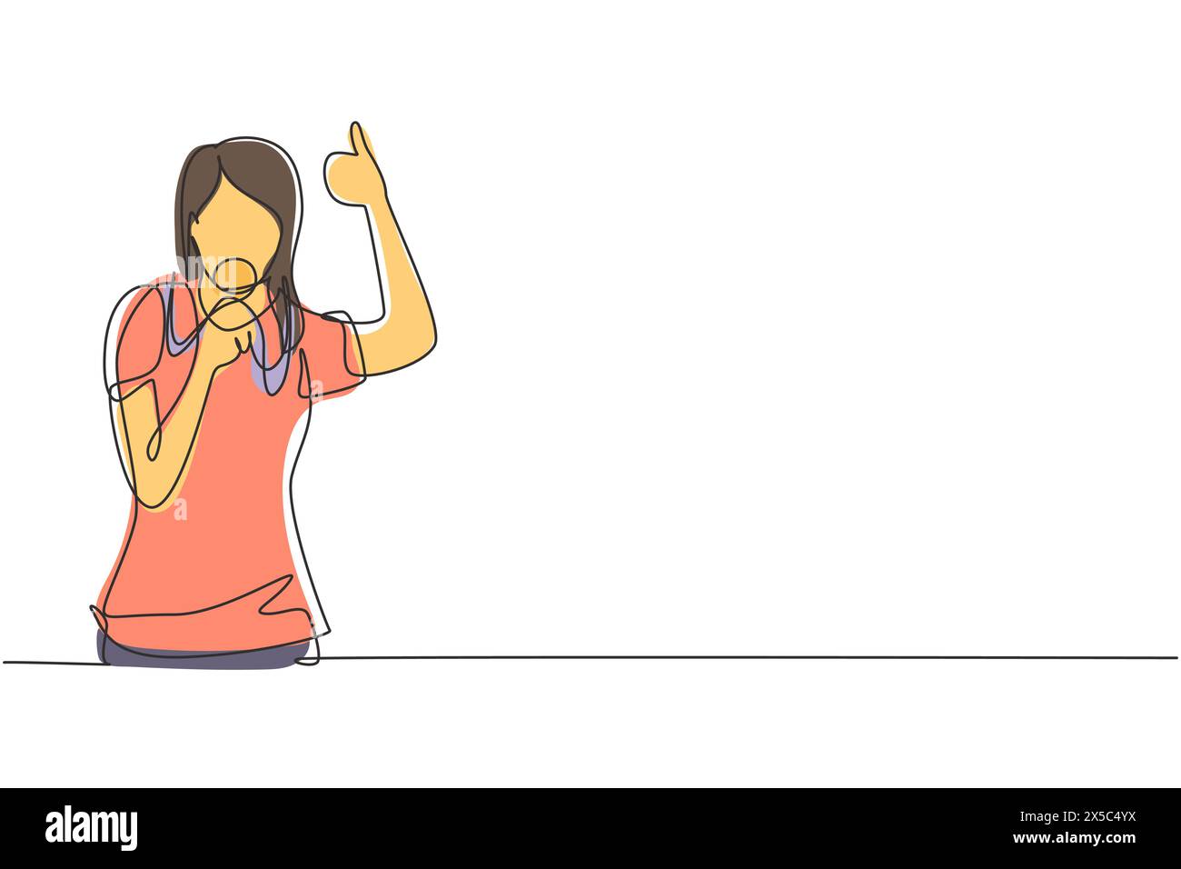 Continuous one line drawing young woman wearing jersey biting her medal ...