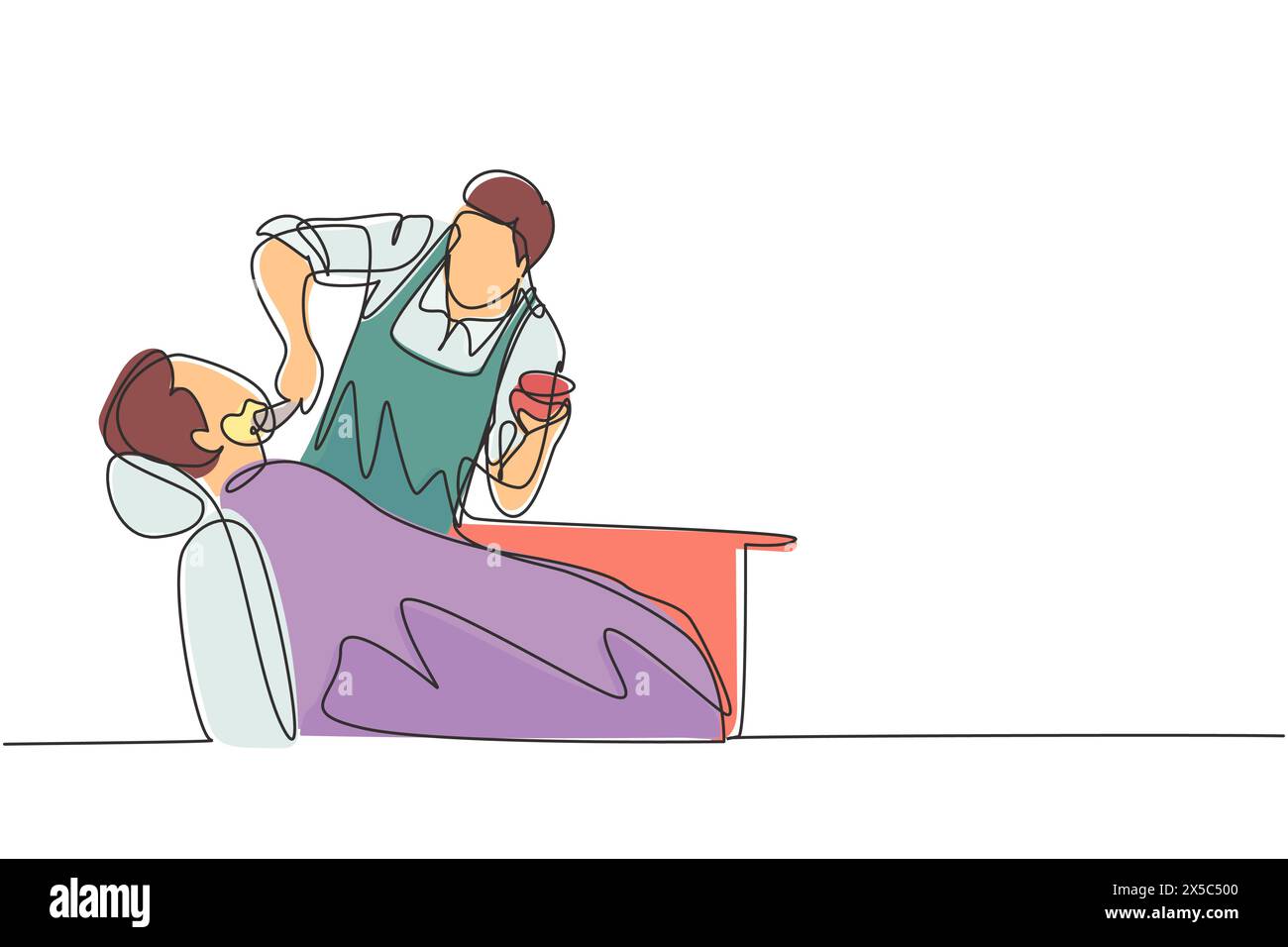 Single continuous line drawing hipster client visiting barber shop ...