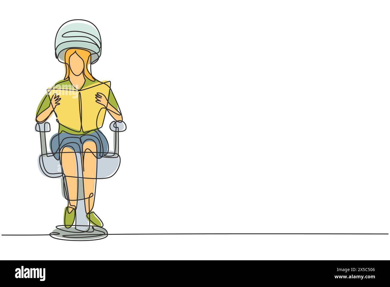 Continuous one line drawing young woman with old hair dryer reads ...